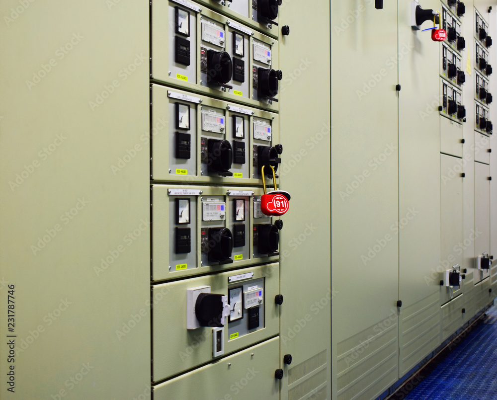 Electrical isolation lock-out tag-out.Electrical room. Stock Photo ...