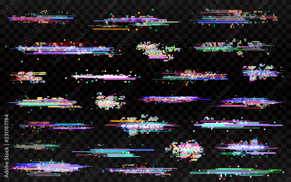 Glitch elements set. Glitched lines noise. Error templates. Color ...