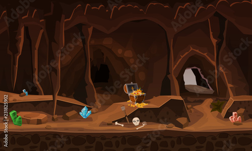 Treasure cave with chest gold coins, gems. Concept, art for computer ...