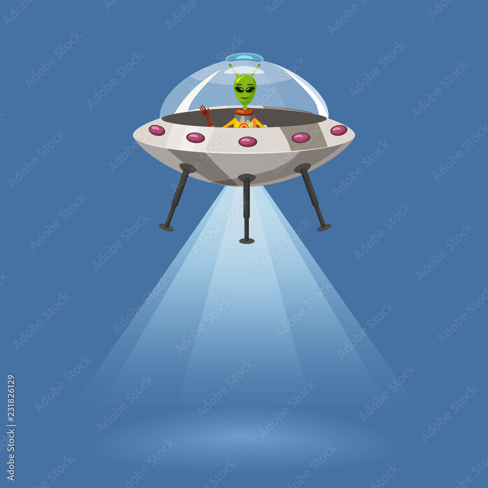 Ufo flying spaceship with alien, isolated on blue background, rays ...