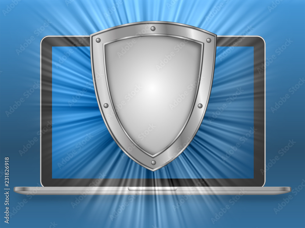 Laptop and shield with blue gradient background. Empty shield ...