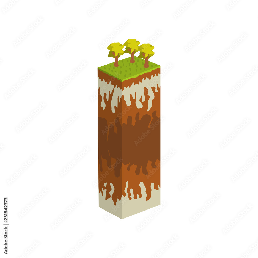 Geological section, stratigraphic column with cut of soil, grass, roots ...