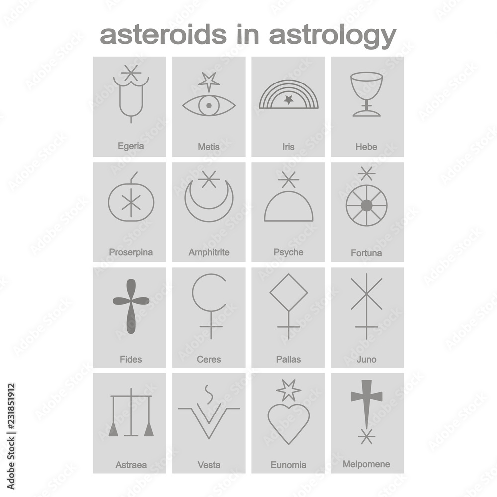 Set of monochrome icons with symbols of asteroids in astrology for your ...