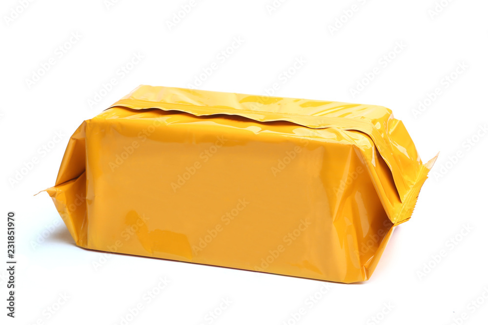 Product pack isolated on white background. Yellow foil pouch packaging ...