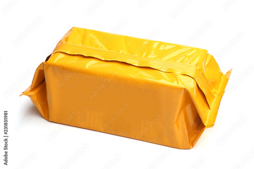 Product pack isolated on white background. Yellow foil pouch packaging ...