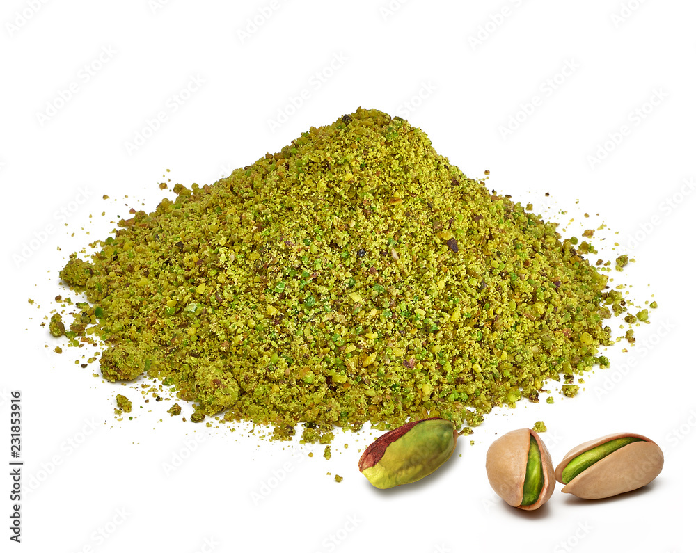 Ground, milled, crushed or granulated pistachio pile from top view ...