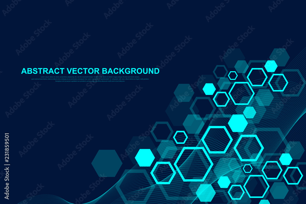 Abstract hexagonal background with waves. Hexagonal molecular ...