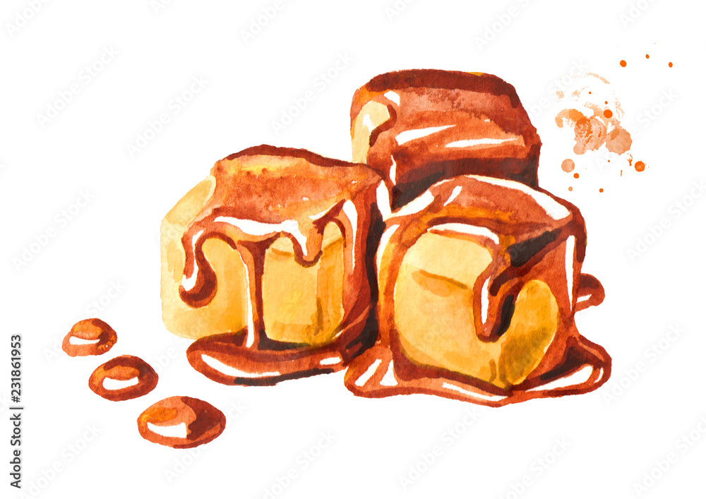 Caramel candies and caramel sauce. Watercolor hand drawn illustration ...