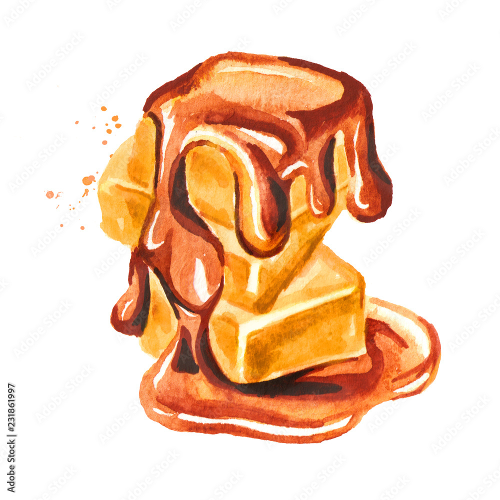 Caramel candies and caramel sauce. Watercolor hand drawn illustration ...