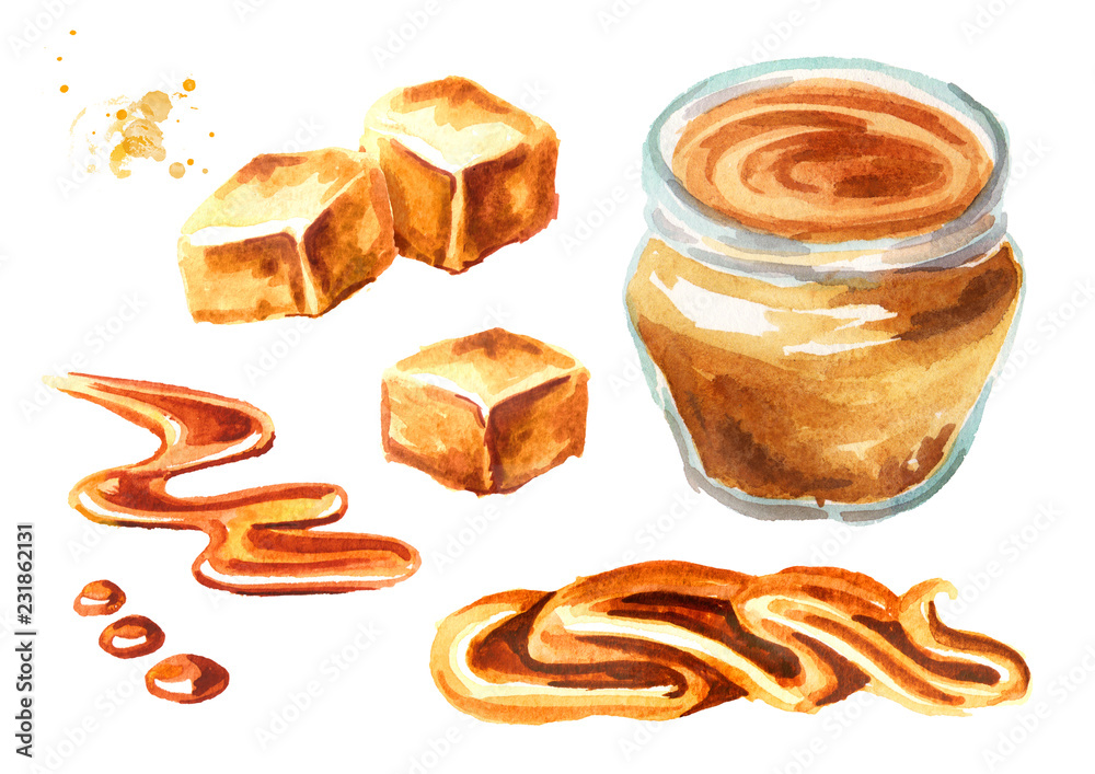 Caramel set. Watercolor hand drawn illustration isolated on white ...