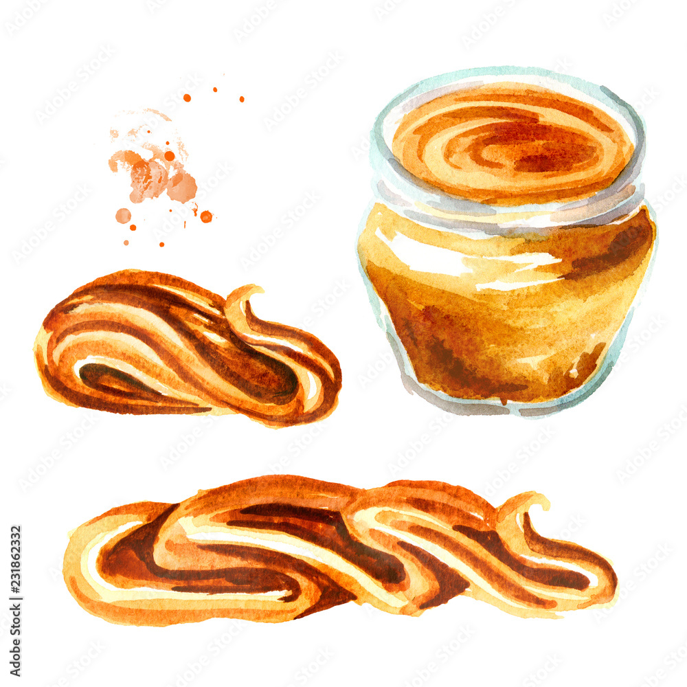 Melted Caramel set. Watercolor hand drawn illustration isolated on ...