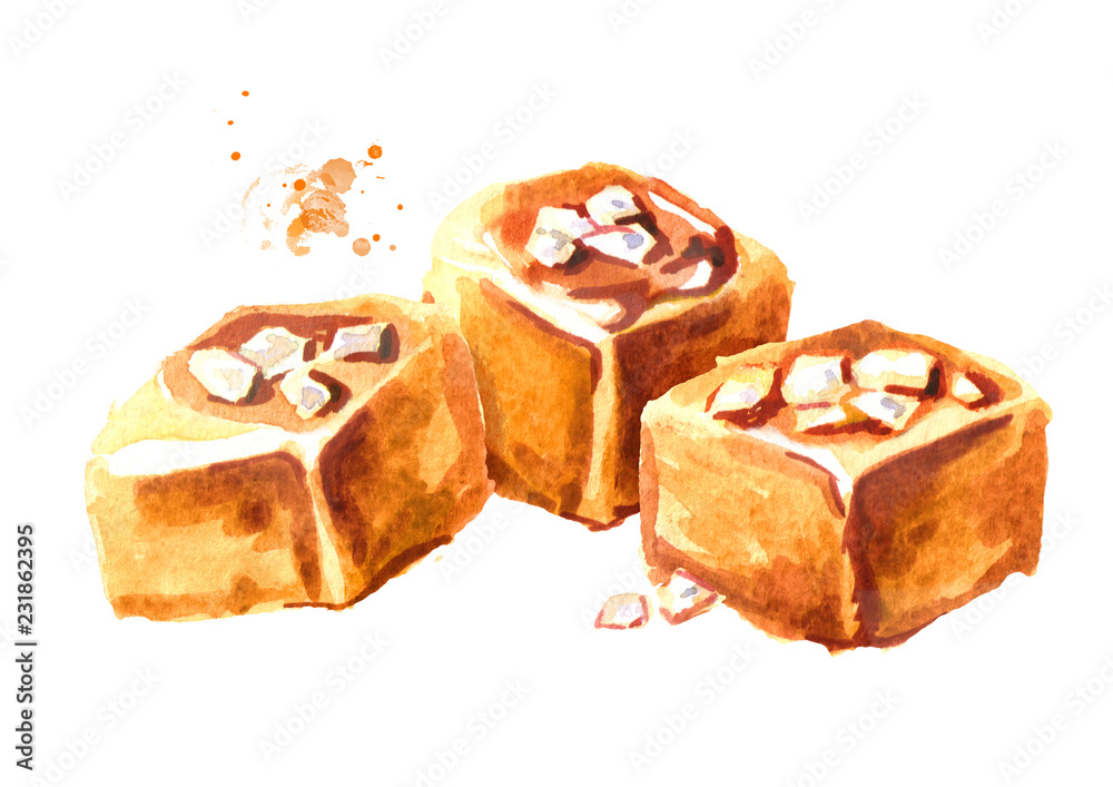 Salted caramel candies. Watercolor hand drawn illustration isolated on ...