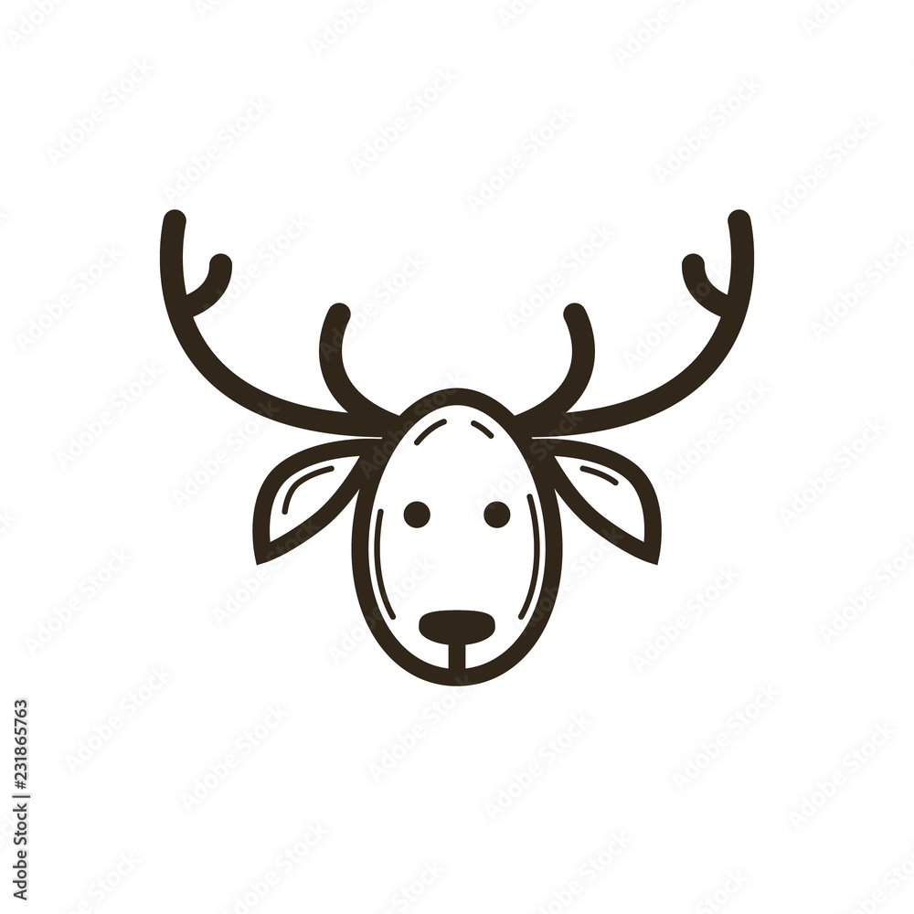 black and white simple vector line art Christmas icon of deer head ...