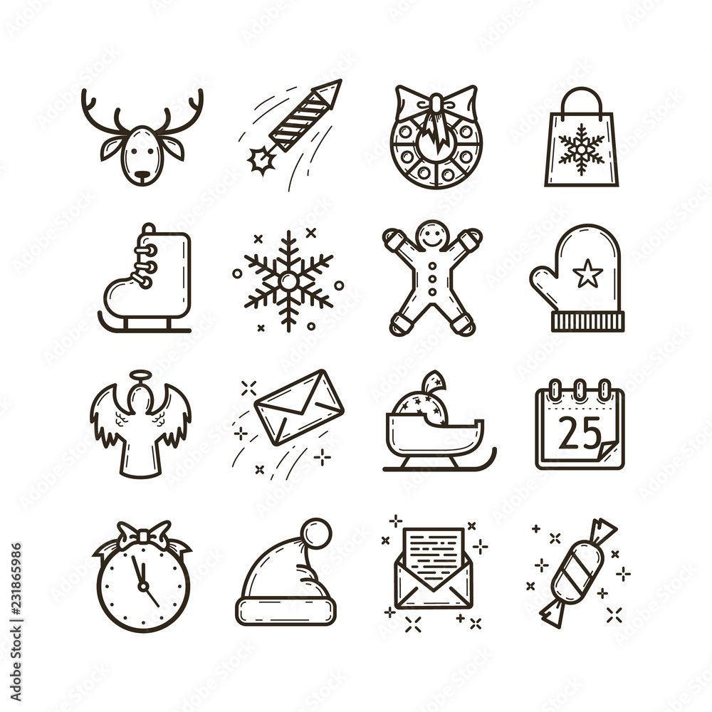 set of line art black and white vector icons on the theme of Christmas ...