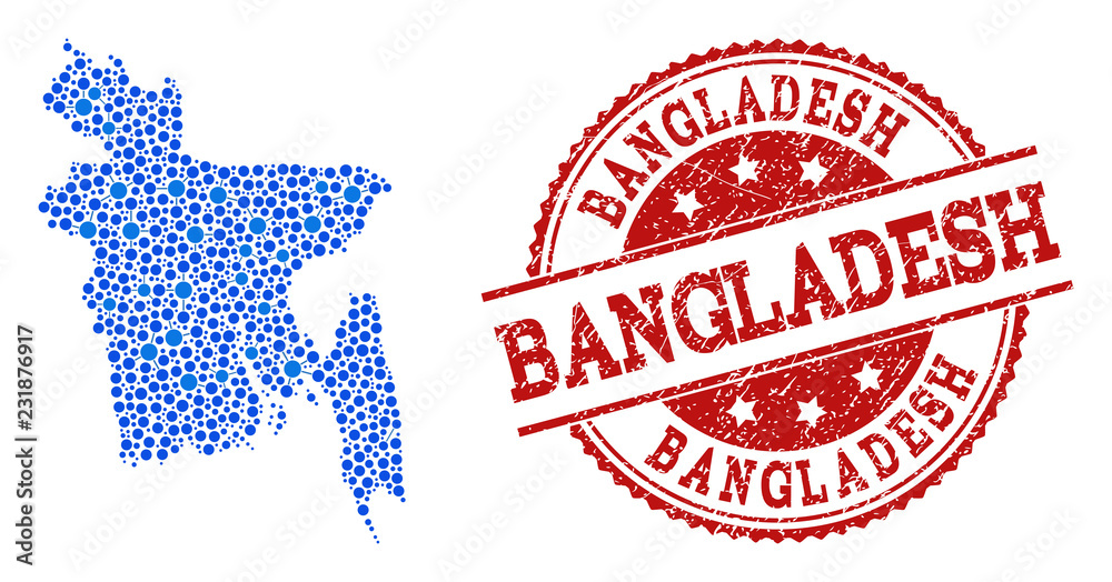Compositions of blue map of Bangladesh and red grunge stamp seal ...