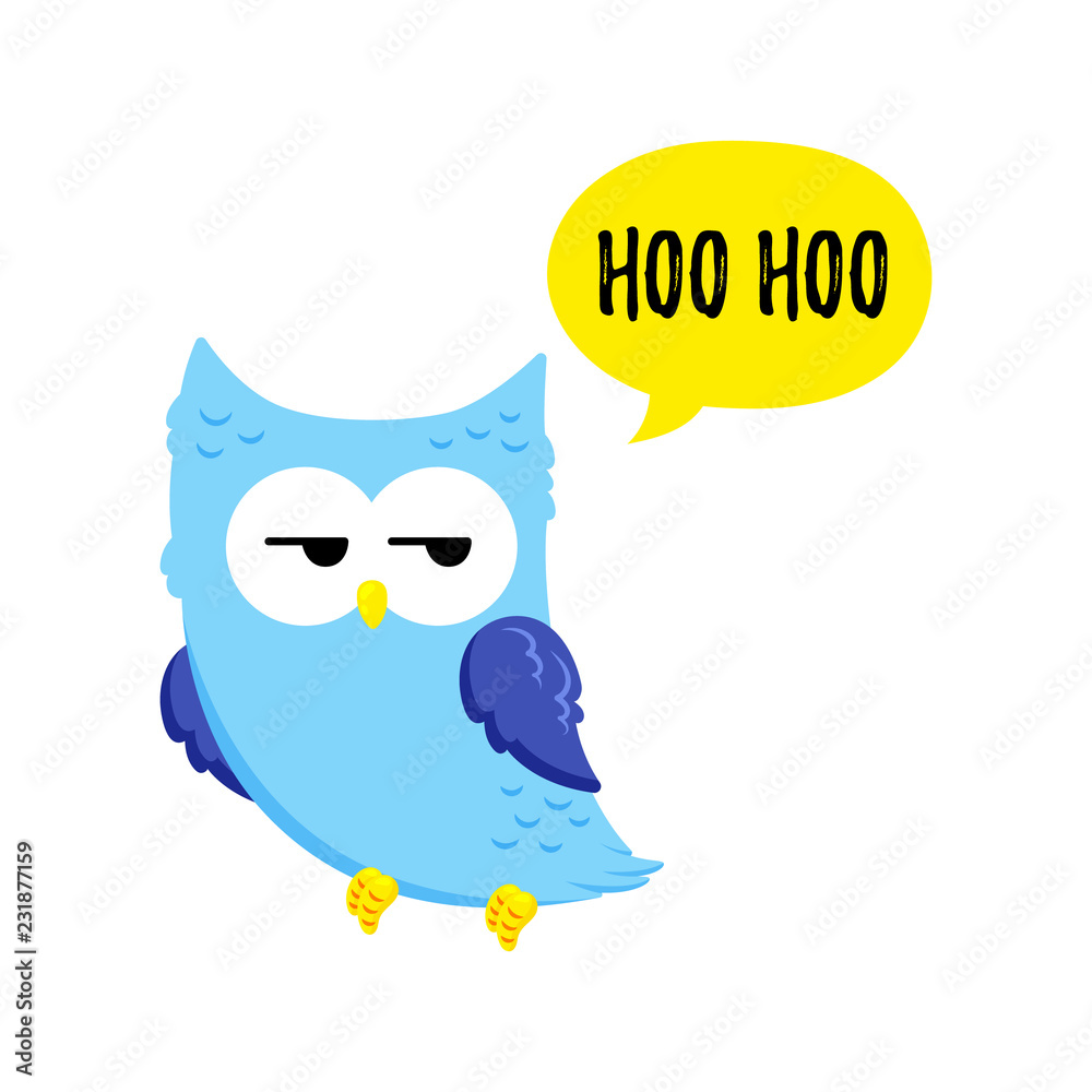 Cute cartoon tired displeased owl. Vector doodle illustration. Template ...