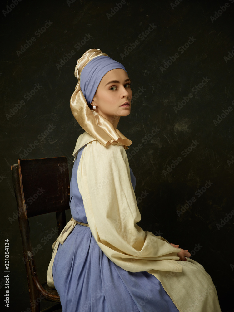 Medieval Woman in Historical Costume Wearing Corset Dress and Bonnet ...