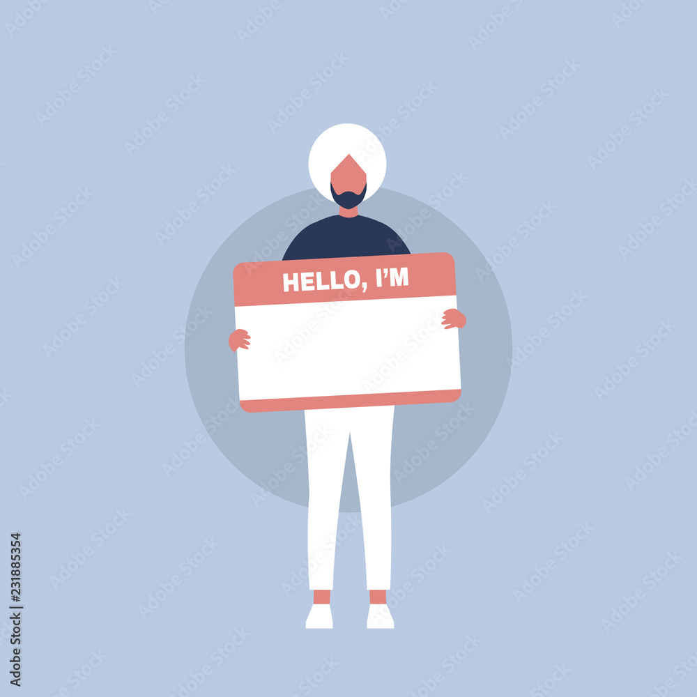 "Hello, I'm" badge. Young indian male character introducing himself ...