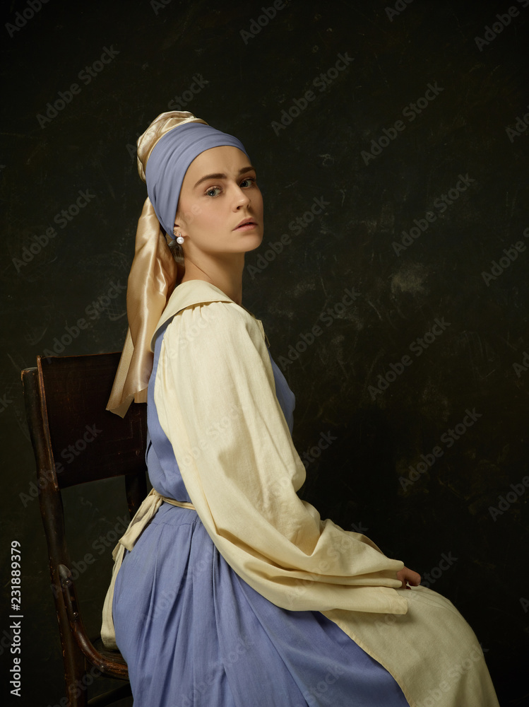 Medieval Woman in Historical Costume Wearing Corset Dress and Bonnet ...