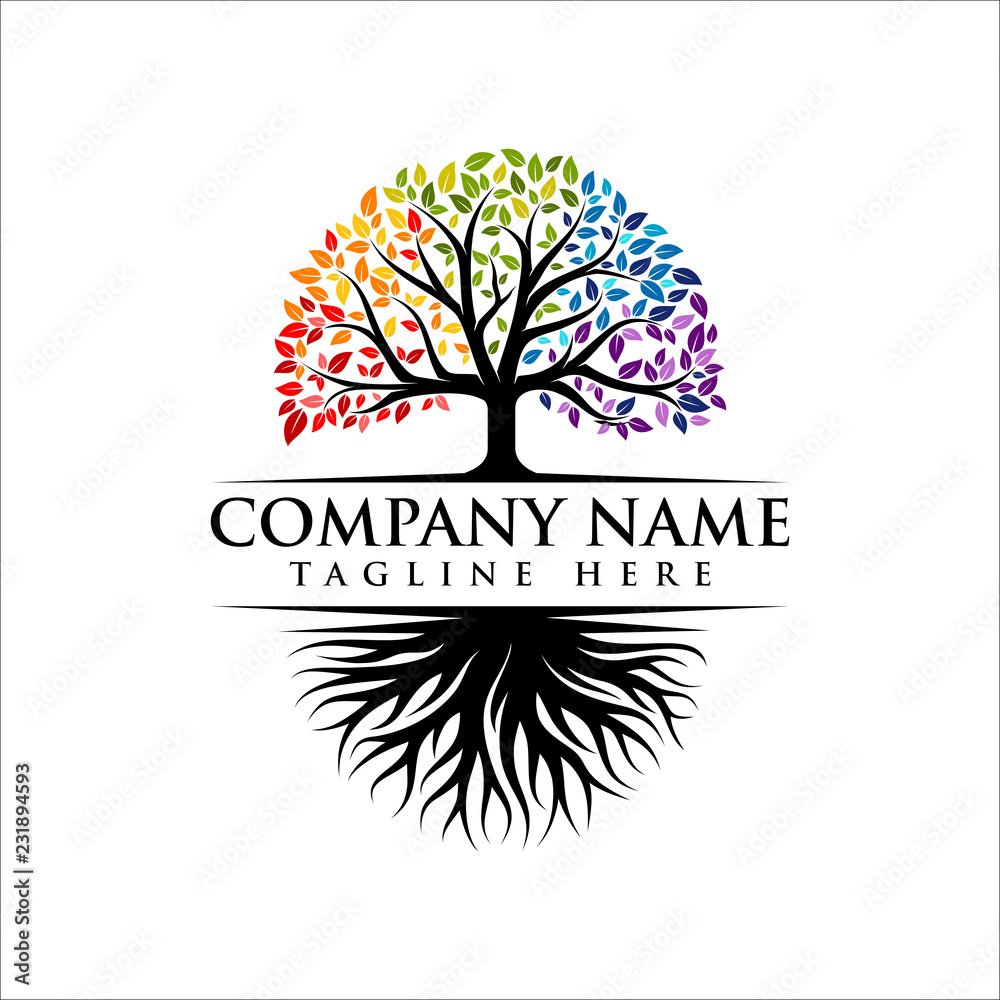 Abstract vibrant tree logo design, root vector - Tree of life logo ...