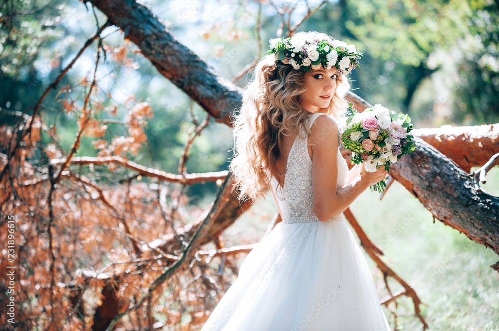 beautiful bride in nature in a coniferous forest in a wreath on her ...