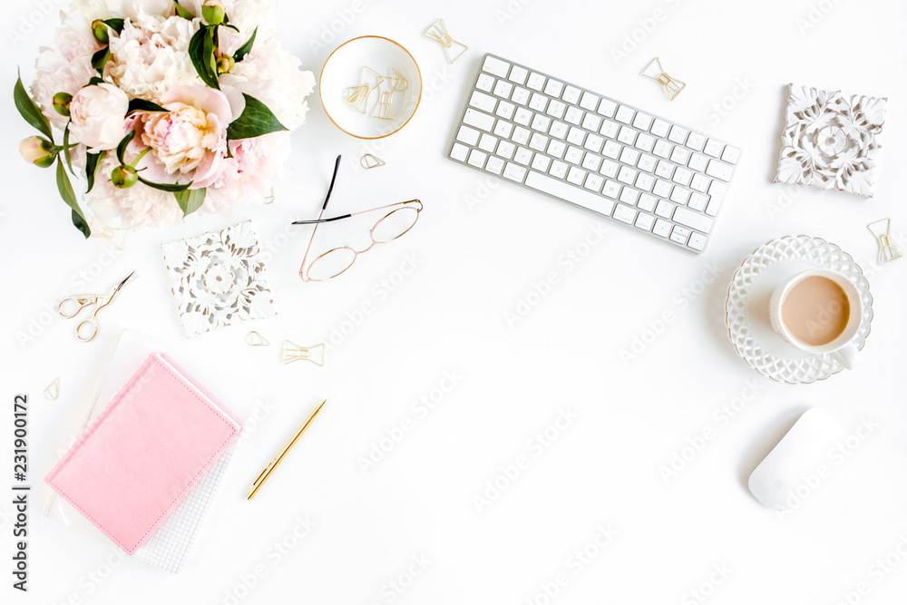 Flat lay women's office desk. Female workspace with computer, pink ...