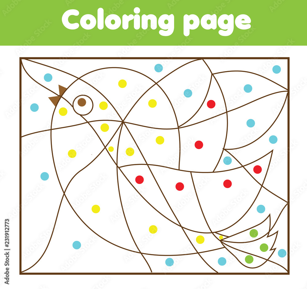 Children educational game. Coloring page with bird. Color by dots ...