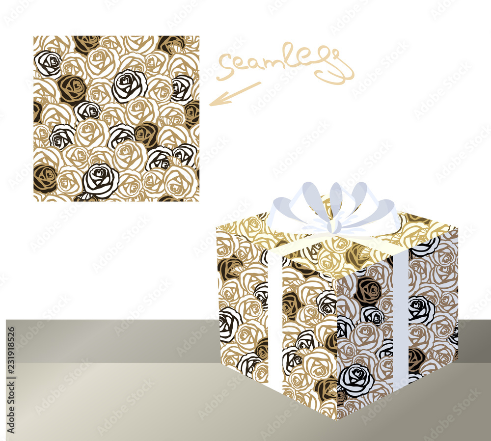 Gift wrapping design and sample texture fill pattern. Isometric box ...