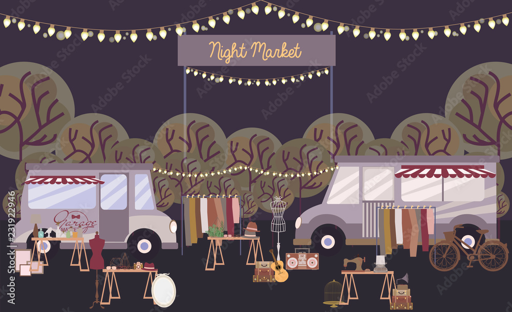 Night market poster with park and shopping street, cartoon flat design ...