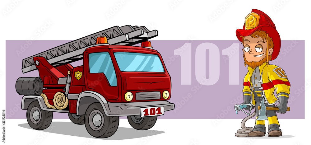 Cartoon firefighter character and red fire truck Stock Vector | Adobe Stock
