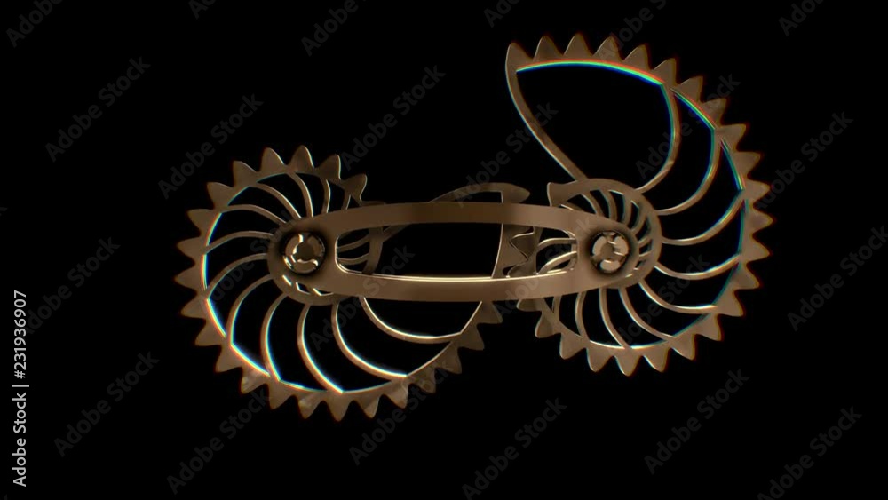 Isolate spiral metallic gears rotating on the black background. Loop ...