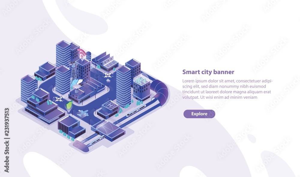 Horizontal web banner template with smart city model and place for text ...