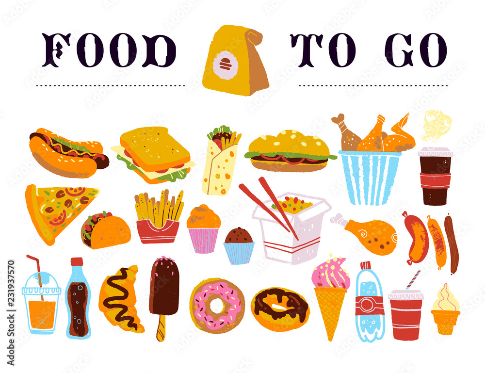Vector hand drawn collection of fast food to go - coffee, hot dog ...