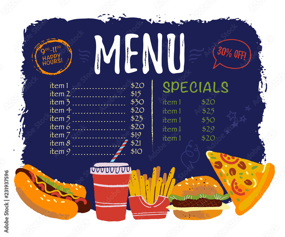 Vector menu design template with menu items & fast food snack - pizza ...