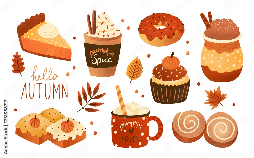 Collection of pumpkin spice seasonal flavored products, food and drinks ...
