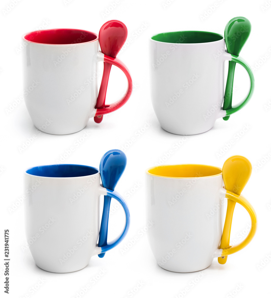 Set of colored cups with spoon isolated on a white background Stock ...