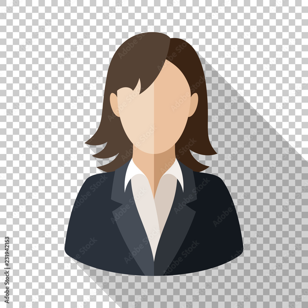 Female user icon in flat style with long shadow on transparent ...