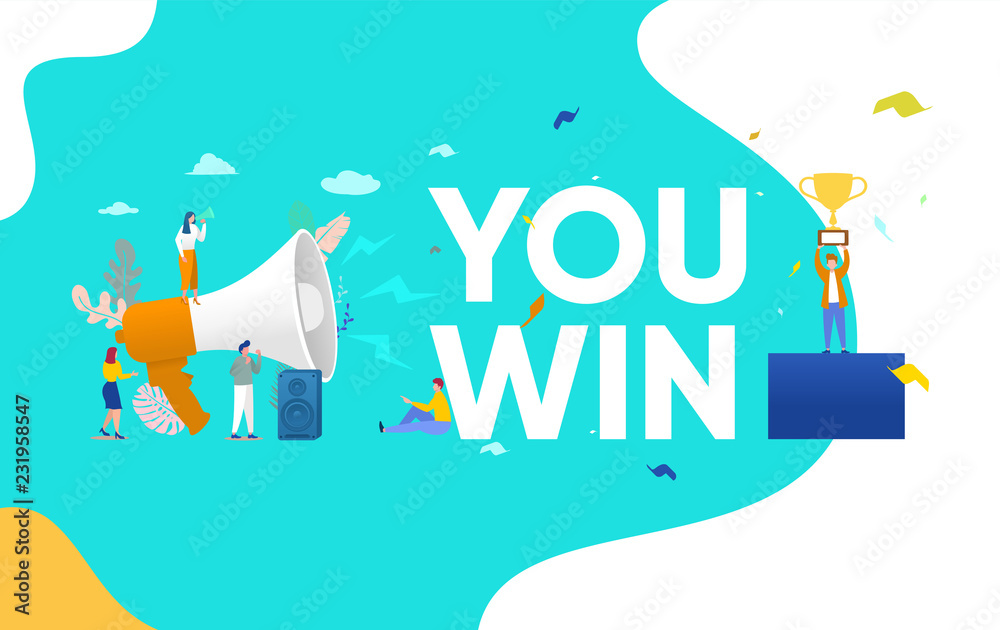 Group of people shouting on megaphone with you win word vector ...
