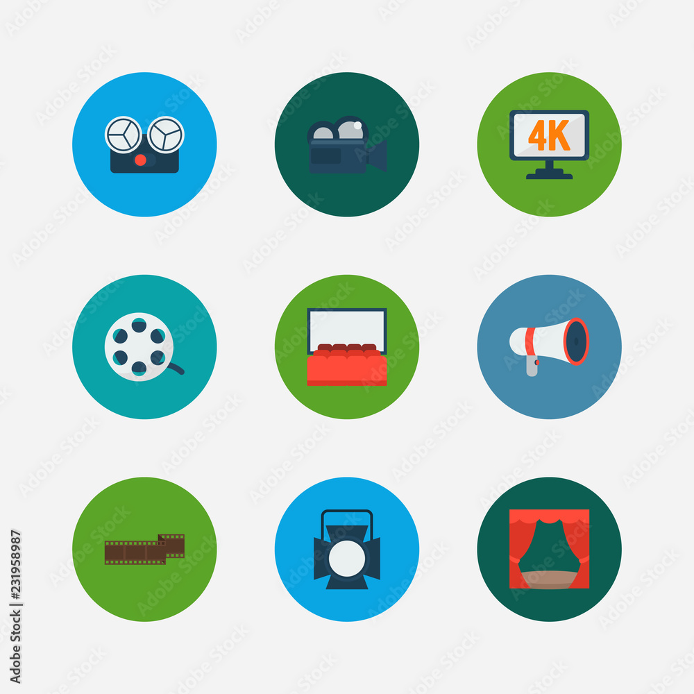 Video icons set. Theater spotlight and video icons with filmstrip ...