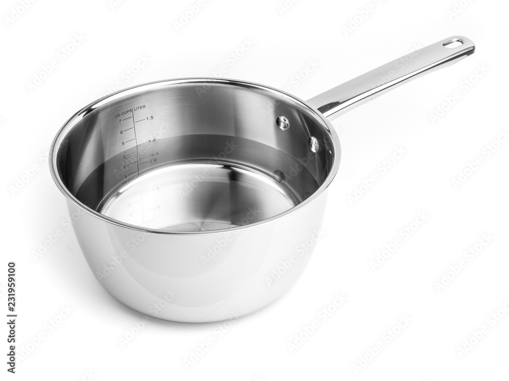 Stainless steel cooking pot without cover with water, measure the water ...
