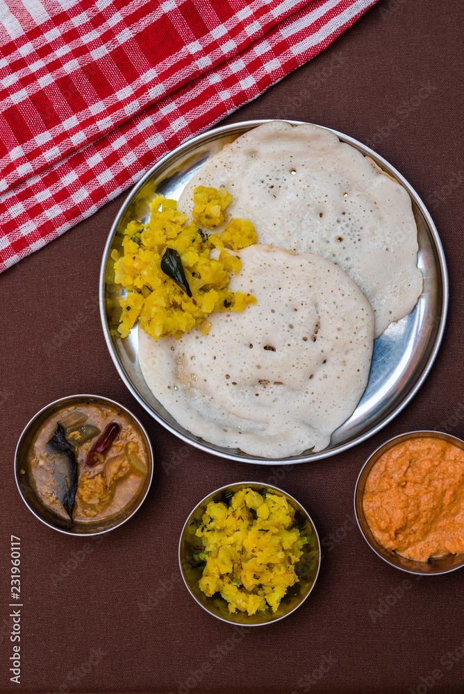 South Indian breakfast Dosa with sambar, chutney and aloo baji Stock ...