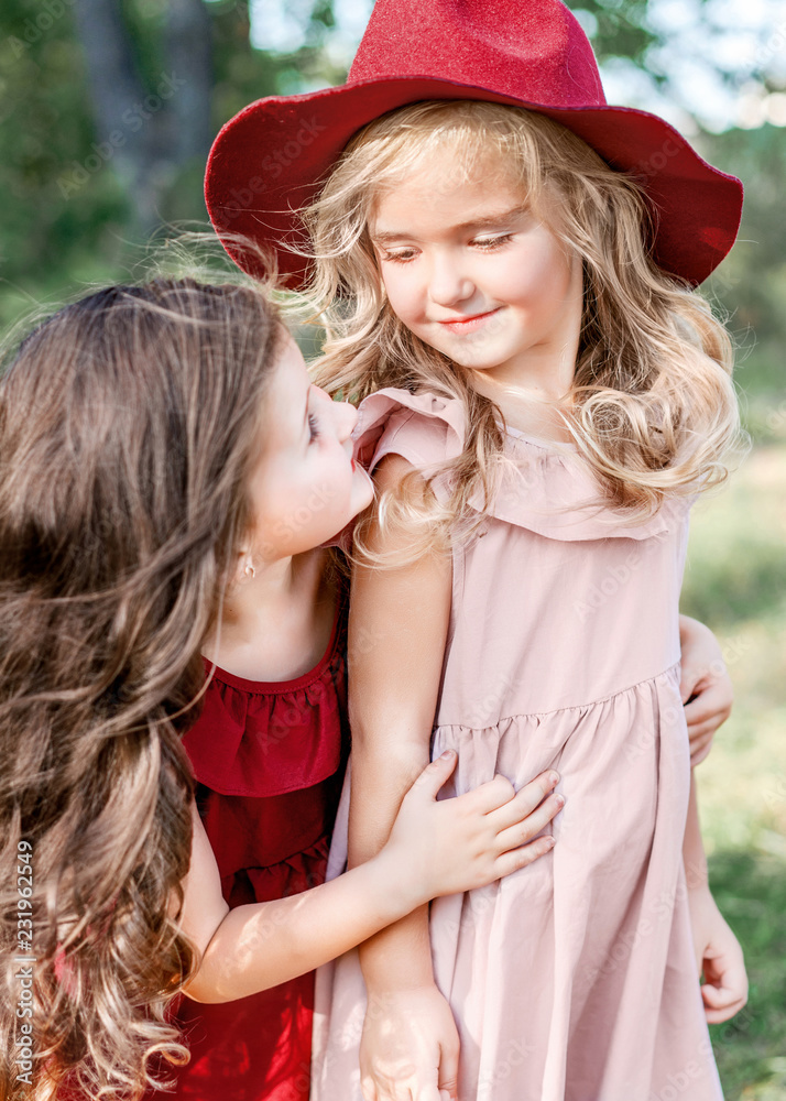 portrait of two girls of girlfriends on a summer nature Stock Photo ...