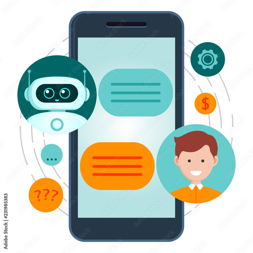 Chatbot concept. Man communicating with chat bot. Dialog help service ...