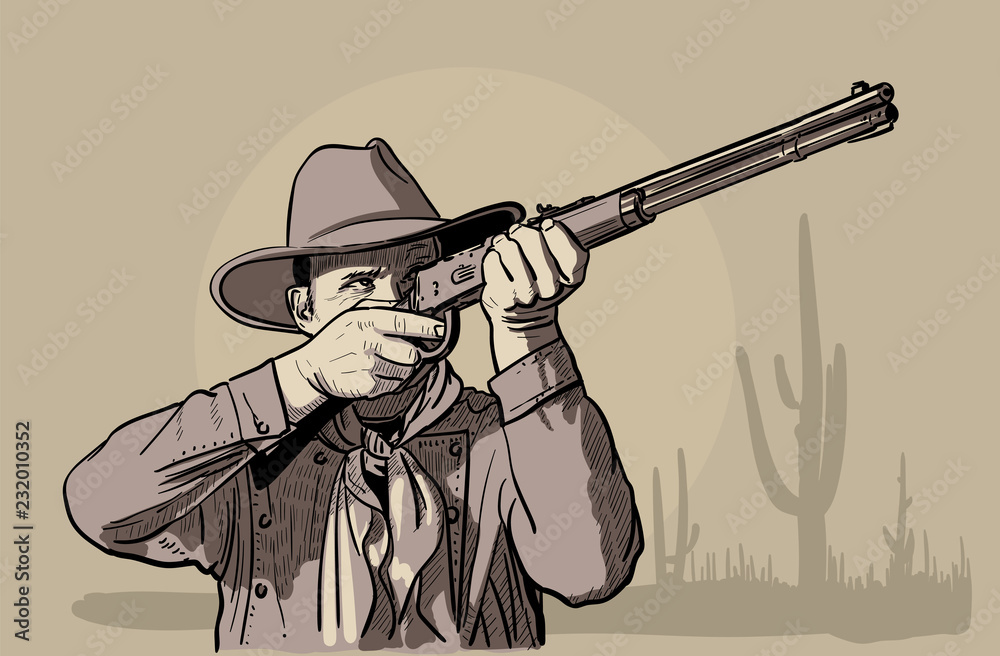 Man with cowboy hat and shirt and scarf shoots a rifle. Western ...