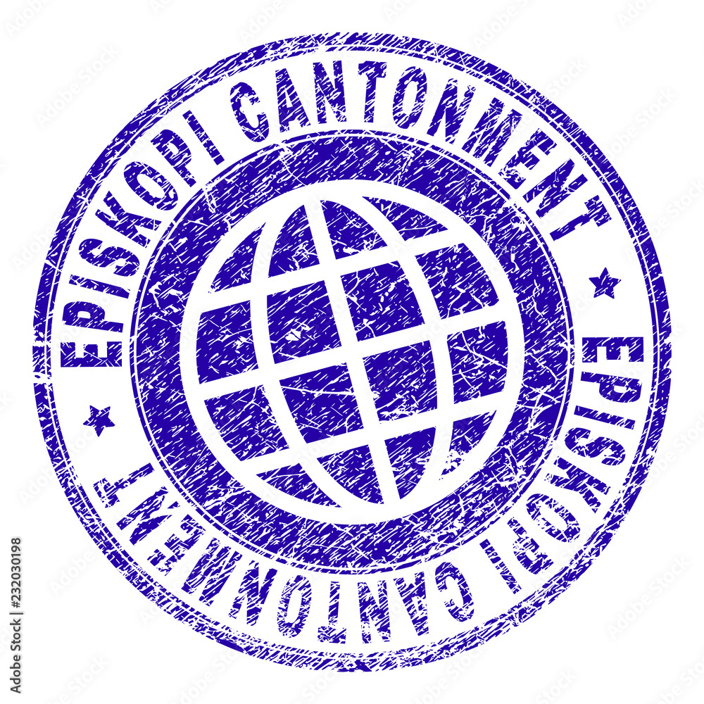 Vetor de EPISKOPI CANTONMENT stamp print with distress texture. Blue ...