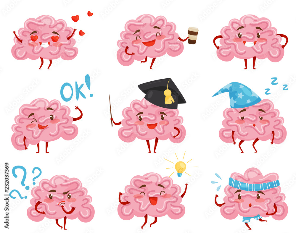 Flat vector set of pink humanized brains in different situations. Funny ...