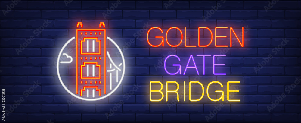 Golden gate bridge neon sign. San Francisco landmark on brick wall ...