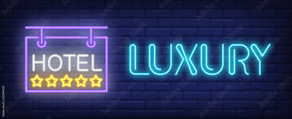 Luxury neon sign. Hanging hotel signboard with five stars. Vector ...