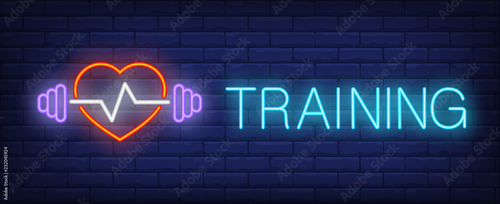 Training neon sign. Glowing inscription with heart, pulse and barbell ...