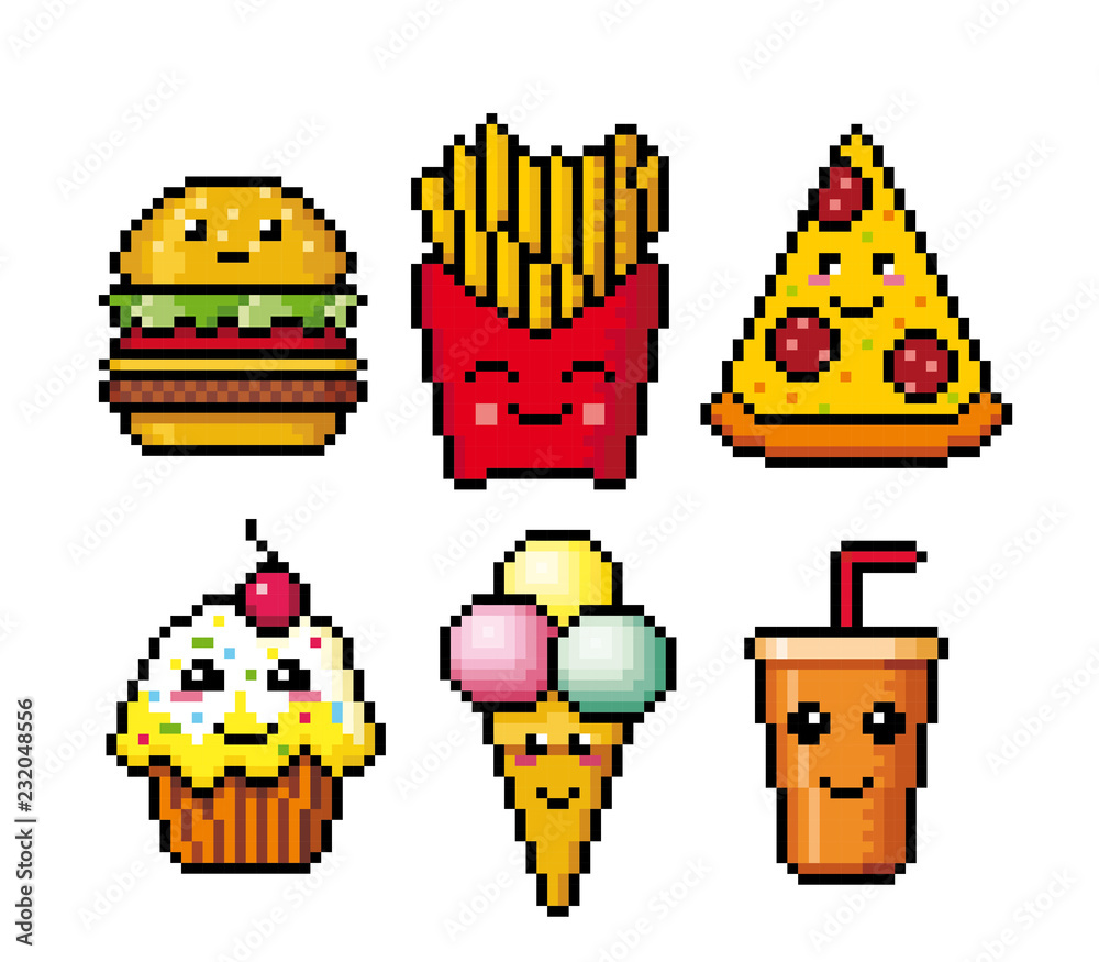 Fast food. Pixel art. Cartoon icons. Vector Illustration isolated on ...
